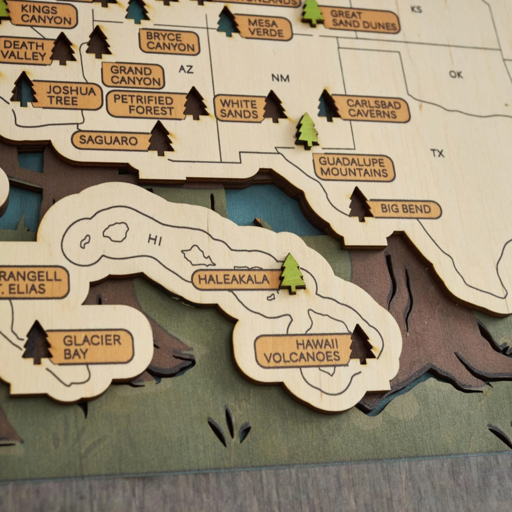 3D Wood National Parks Travel Map (Trees design) – Map store